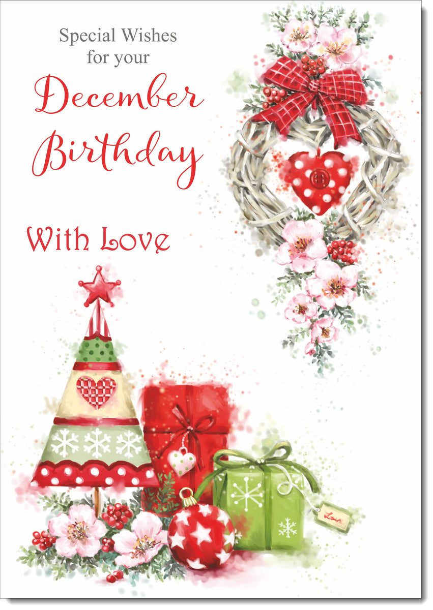 December Birthday Christmas Card Heart Decorations – doodlecards
