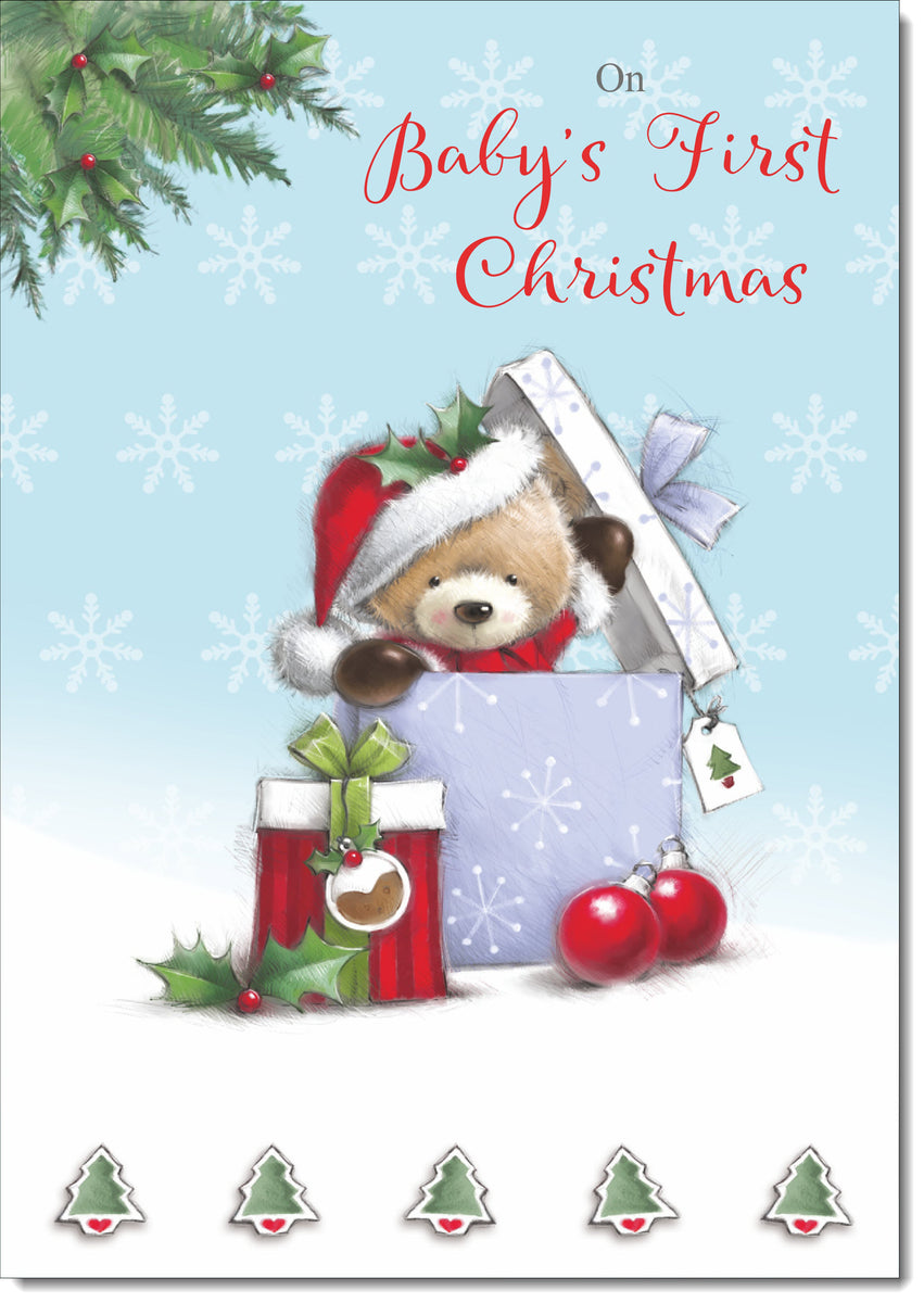 Babys First 1st Christmas Christmas Card Cute Bear Parcel – doodlecards
