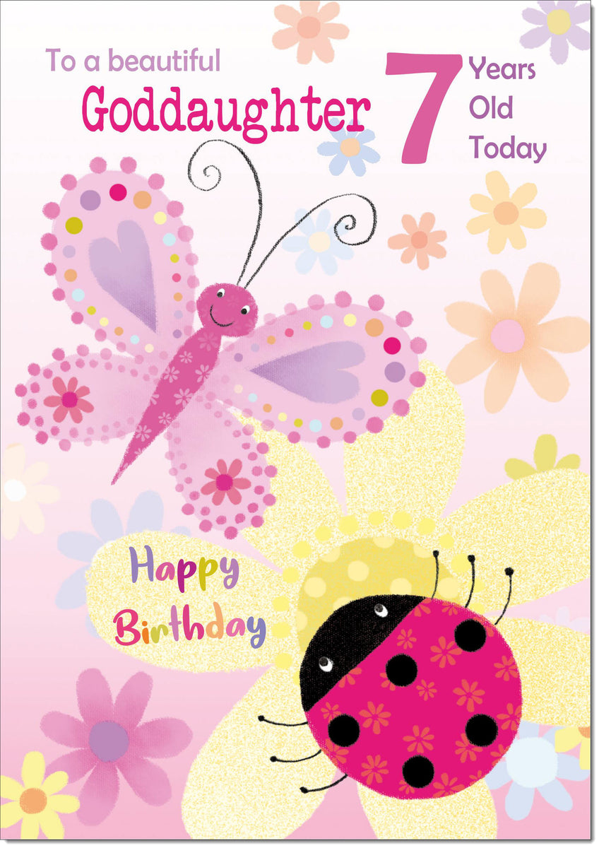 Goddaughter 7th Birthday Card Age 7 Ladybird and Butterfly – doodlecards