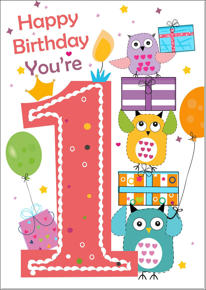 1st Birthday Card Age 1 for Girl Owls with Presents – doodlecards