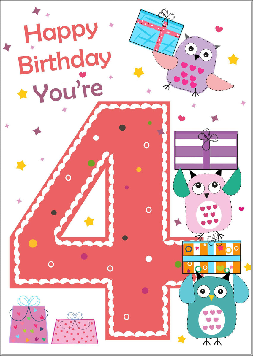 4th Birthday Card Age 4 for Girl Owls with Presents – doodlecards