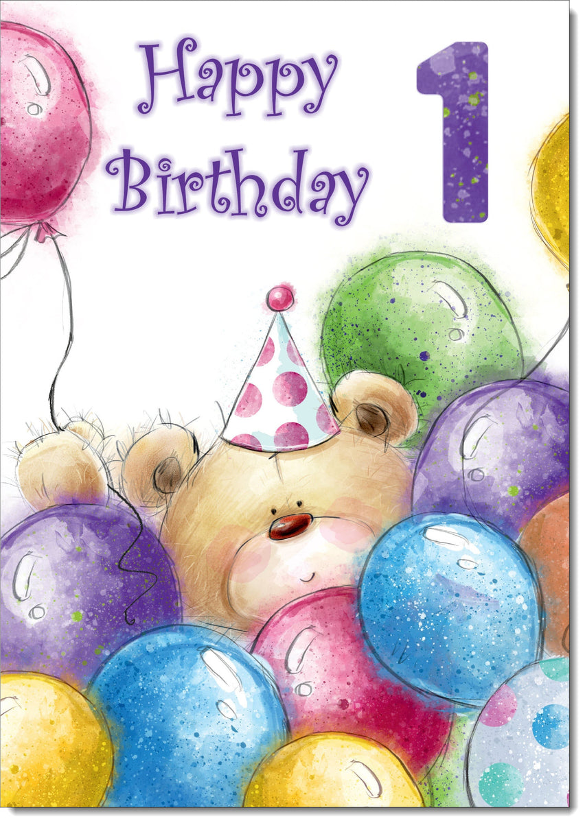 1st Birthday Card Age 1 Cute Teddy Bear in Balloons – doodlecards