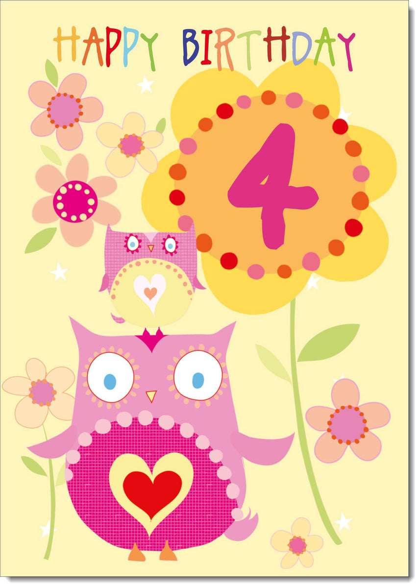 4th Birthday Card Age 4 for Girl Cute Owl – doodlecards