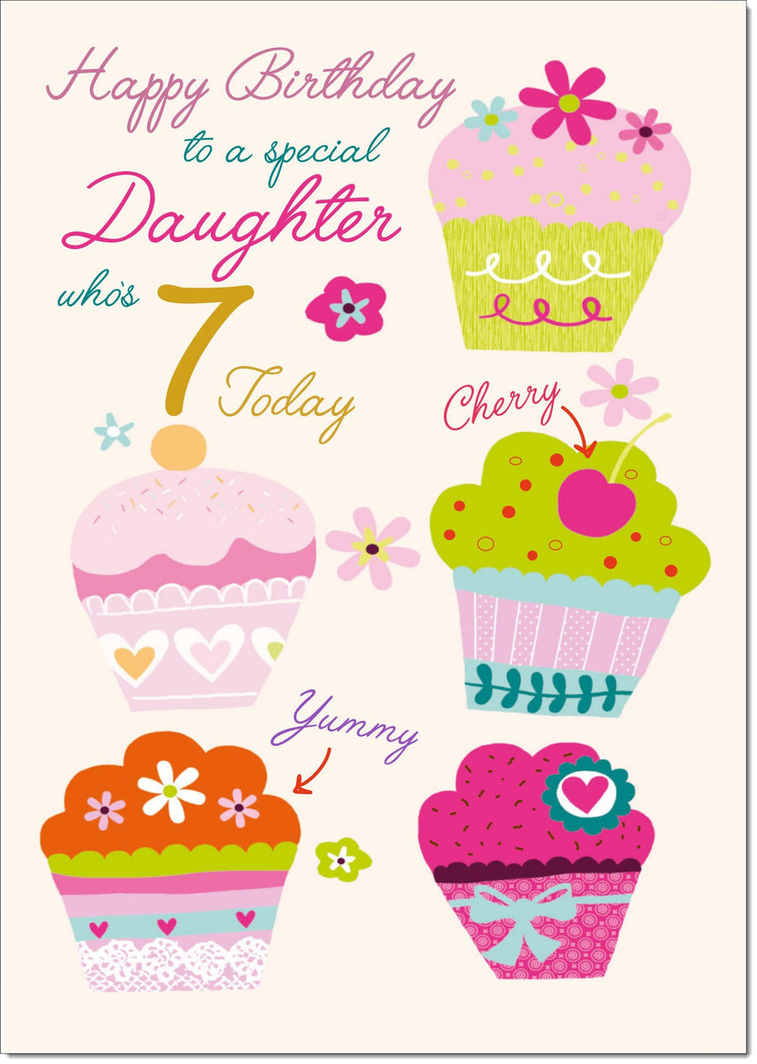 Daughter 7th Birthday Card Age 7 Cupcake – doodlecards