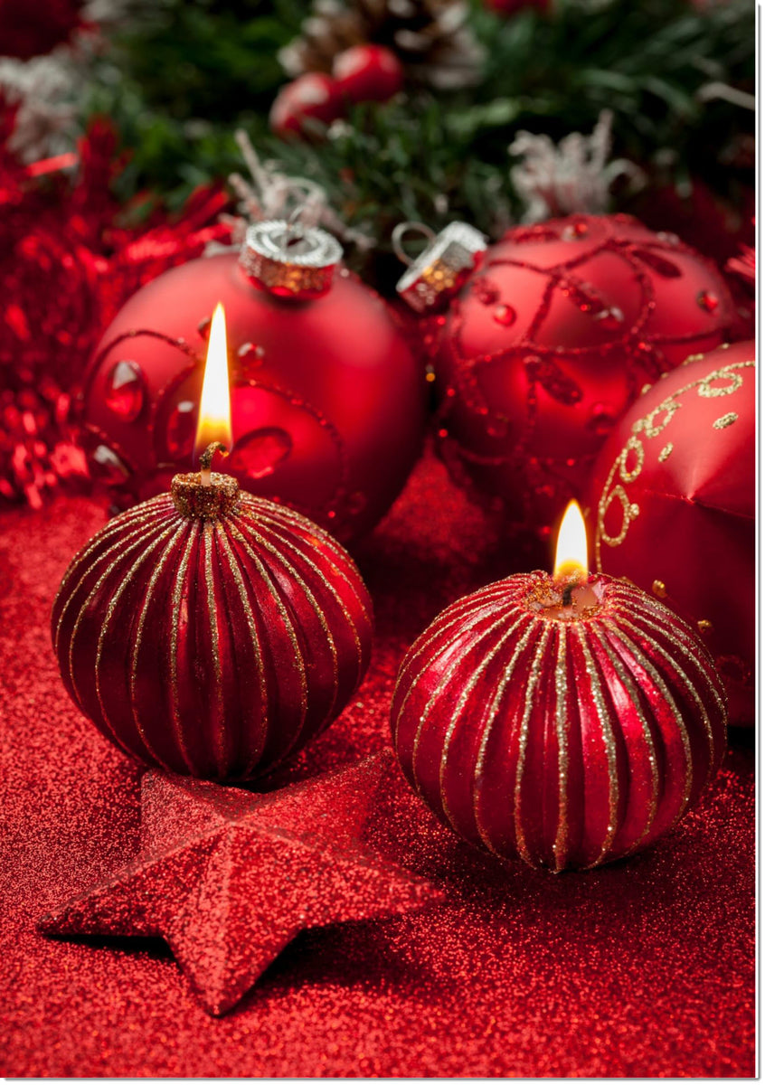 Christmas Card Red Baubles and Candles – doodlecards