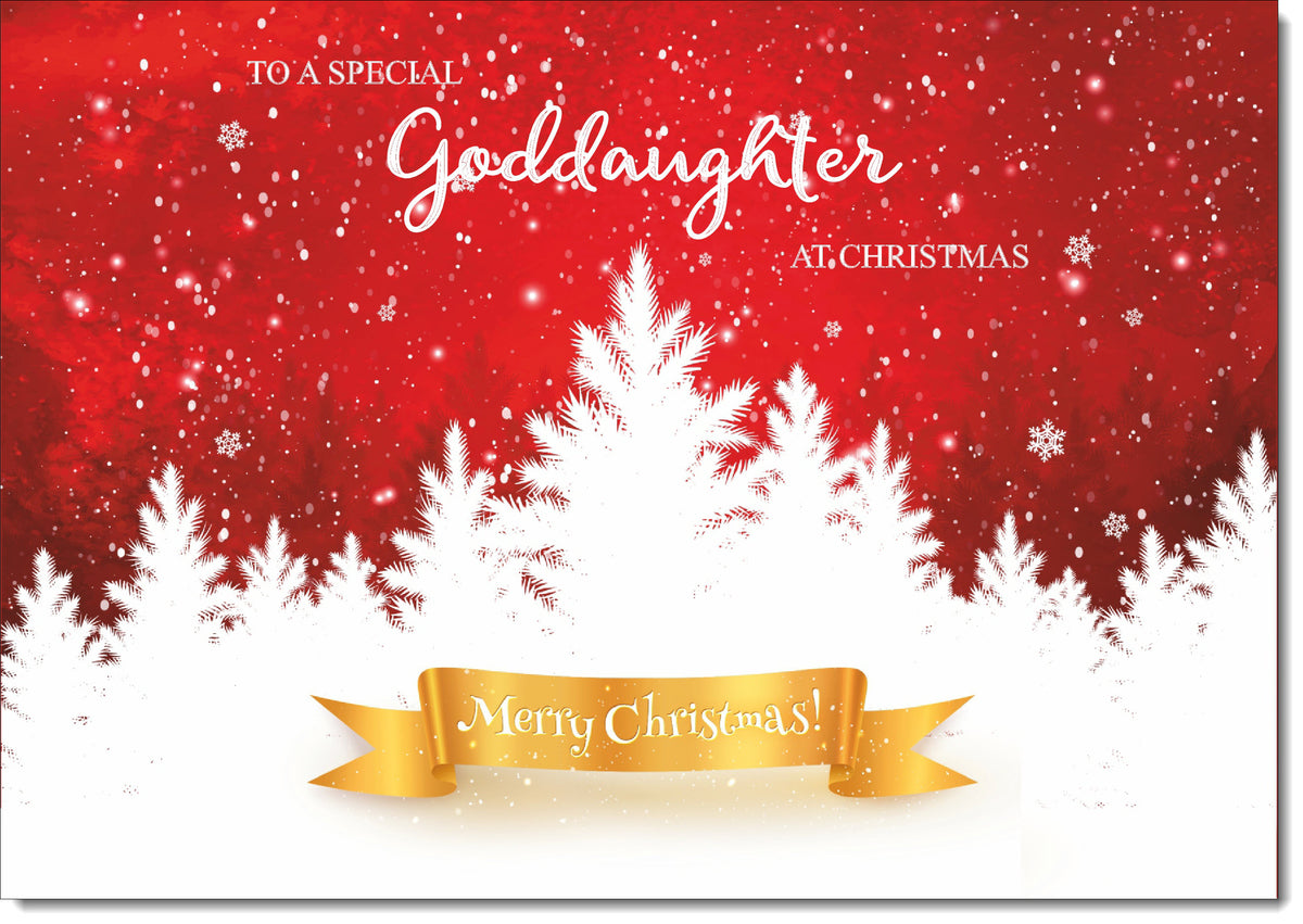 Goddaughter Christmas Card White Forest with Red Sky – doodlecards