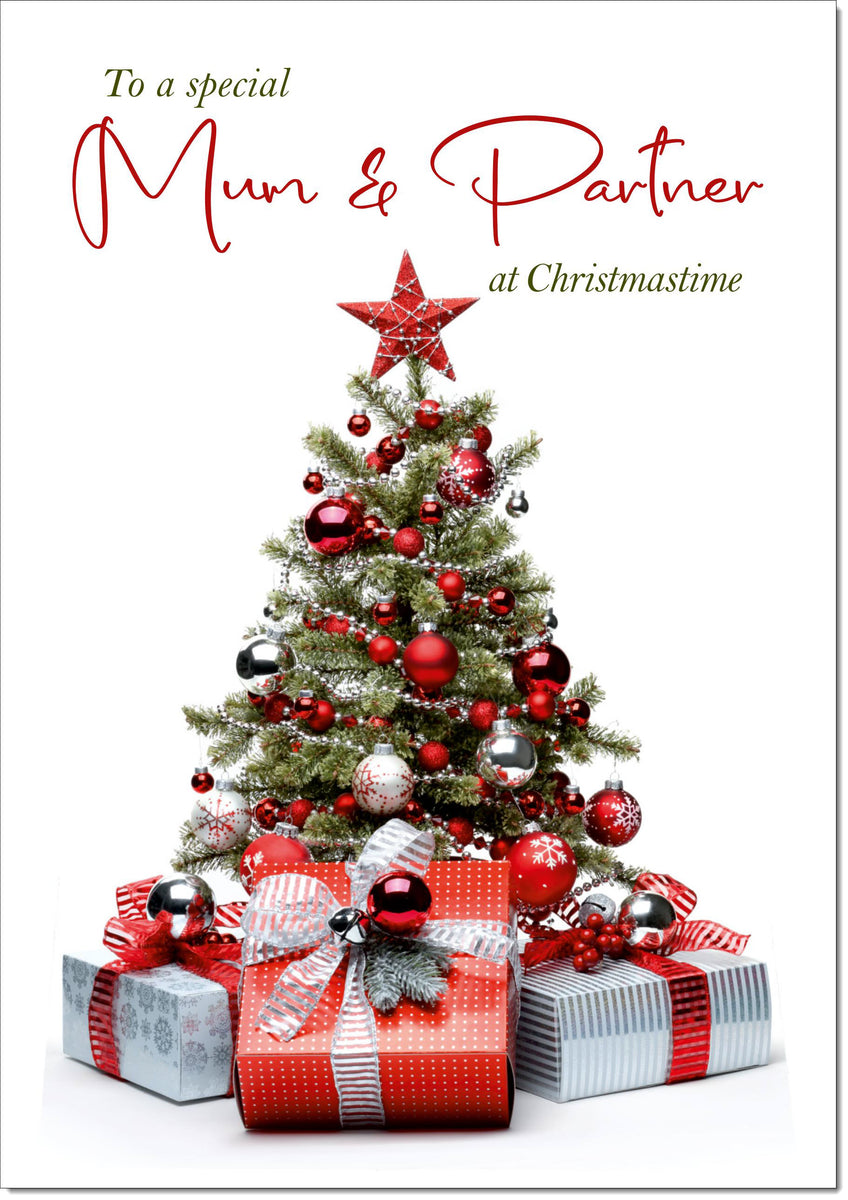 Mum & Partner Christmas Card Christmas Tree and Parcels – doodlecards