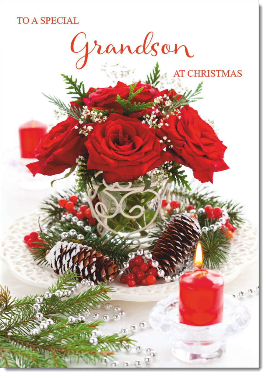 Grandson Christmas Card Red Roses Christmas Arrangement – doodlecards