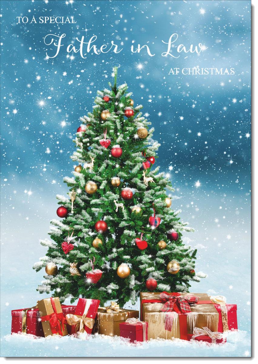 Father-in-Law Christmas Card Christmas Tree and Parcels – doodlecards