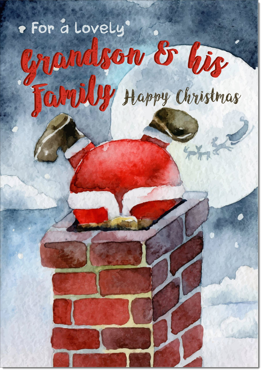 Grandson & Family Christmas Card Santa Stuck in the Chimney – doodlecards