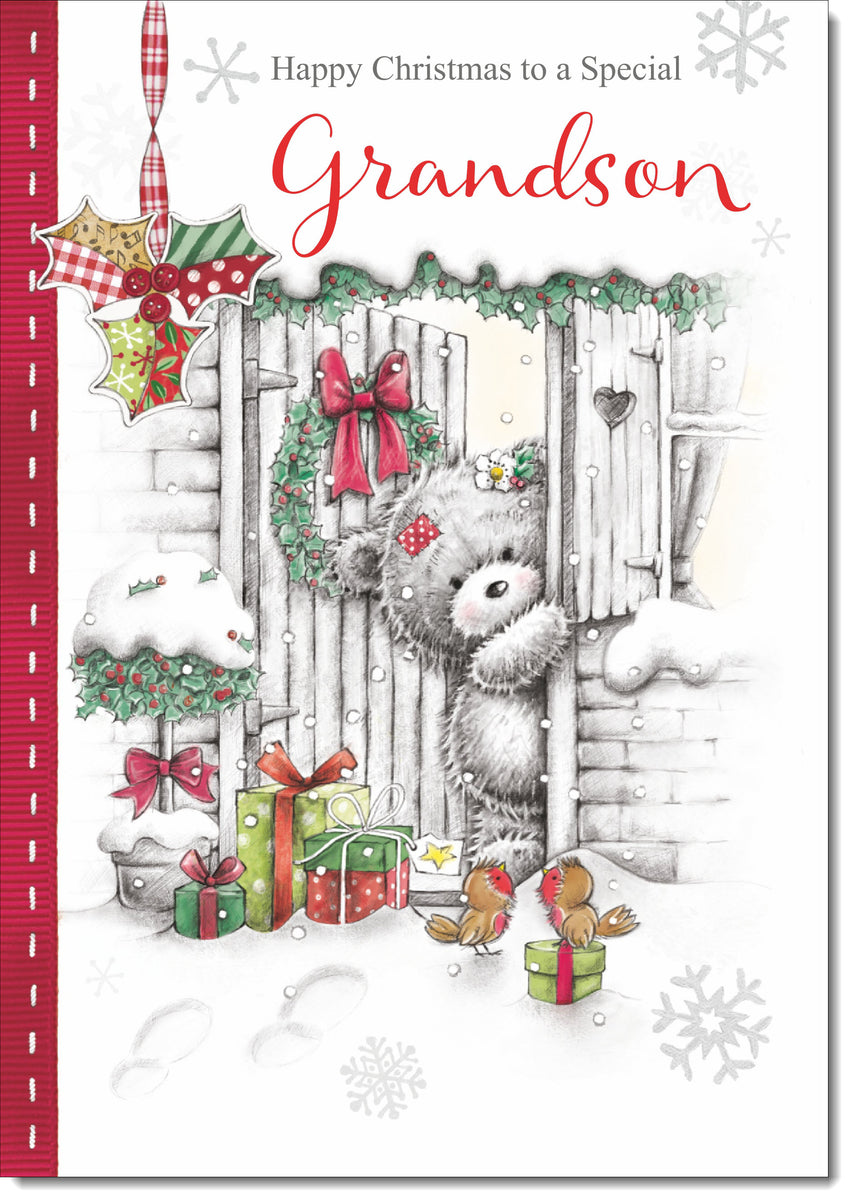 Grandson Christmas Card Grey Bear in Snow – doodlecards