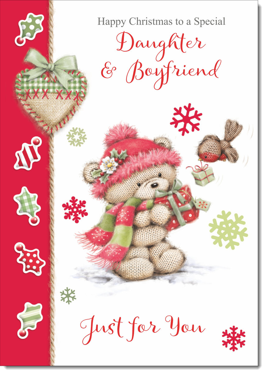 Daughter & Boyfriend Christmas Card Cute Bear in Pink Bobble Hat ...