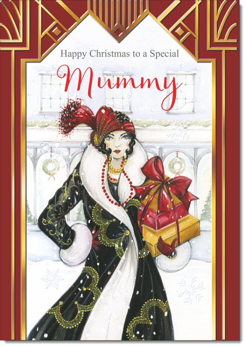 Mummy Christmas Card Art Deco Lady with Christmas Gift – doodlecards