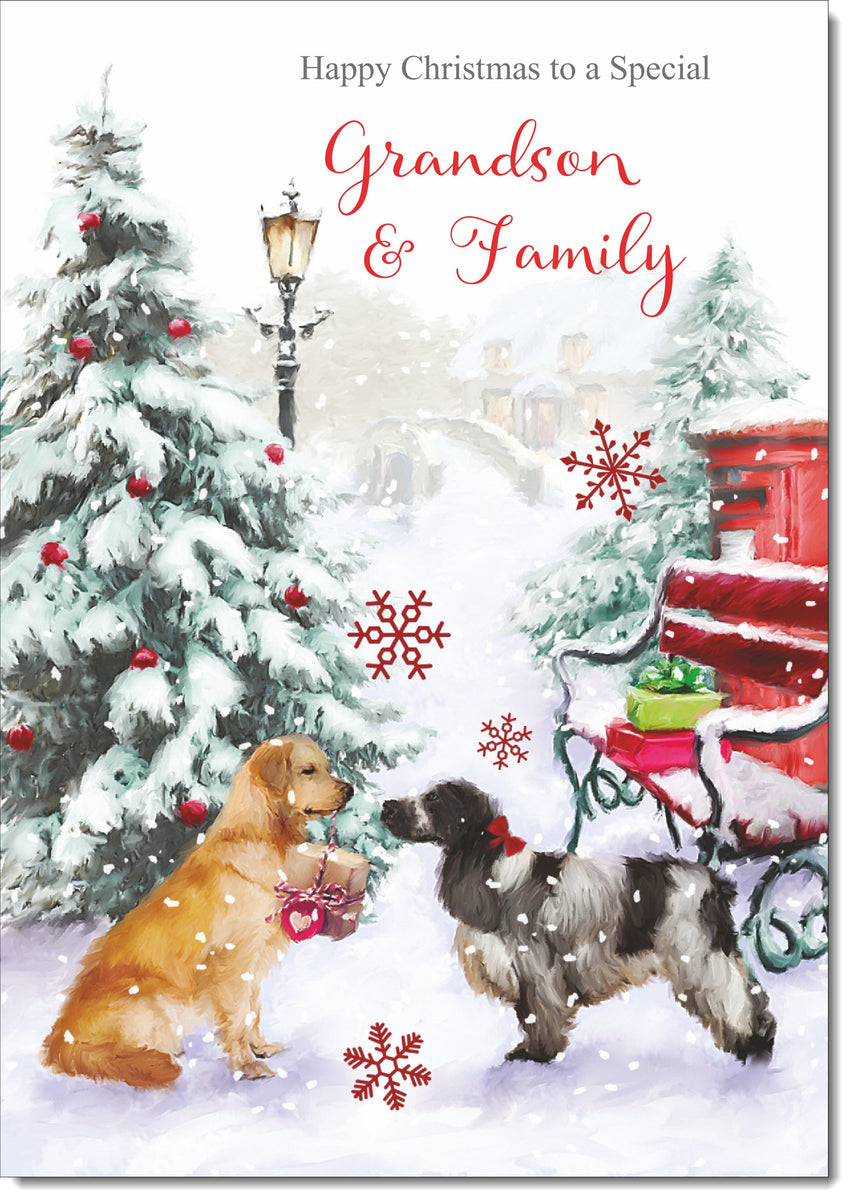 Grandson & Family Christmas Card Two Dogs in Snow – doodlecards