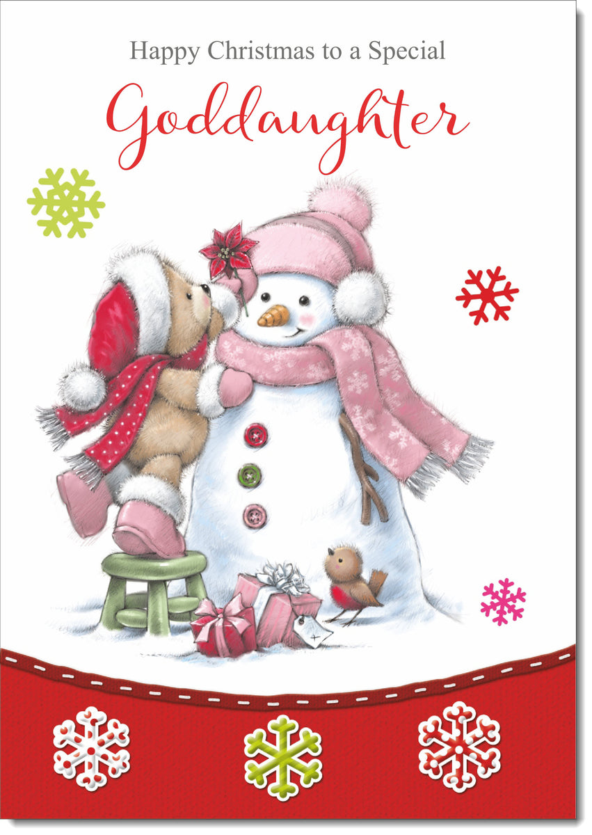 Goddaughter Christmas Card Cute Bear with Snowman – doodlecards