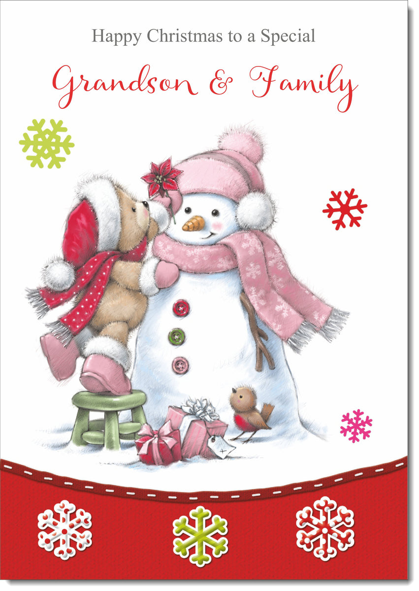 Grandson & Family Christmas Card Cute Bear with Snowman – doodlecards