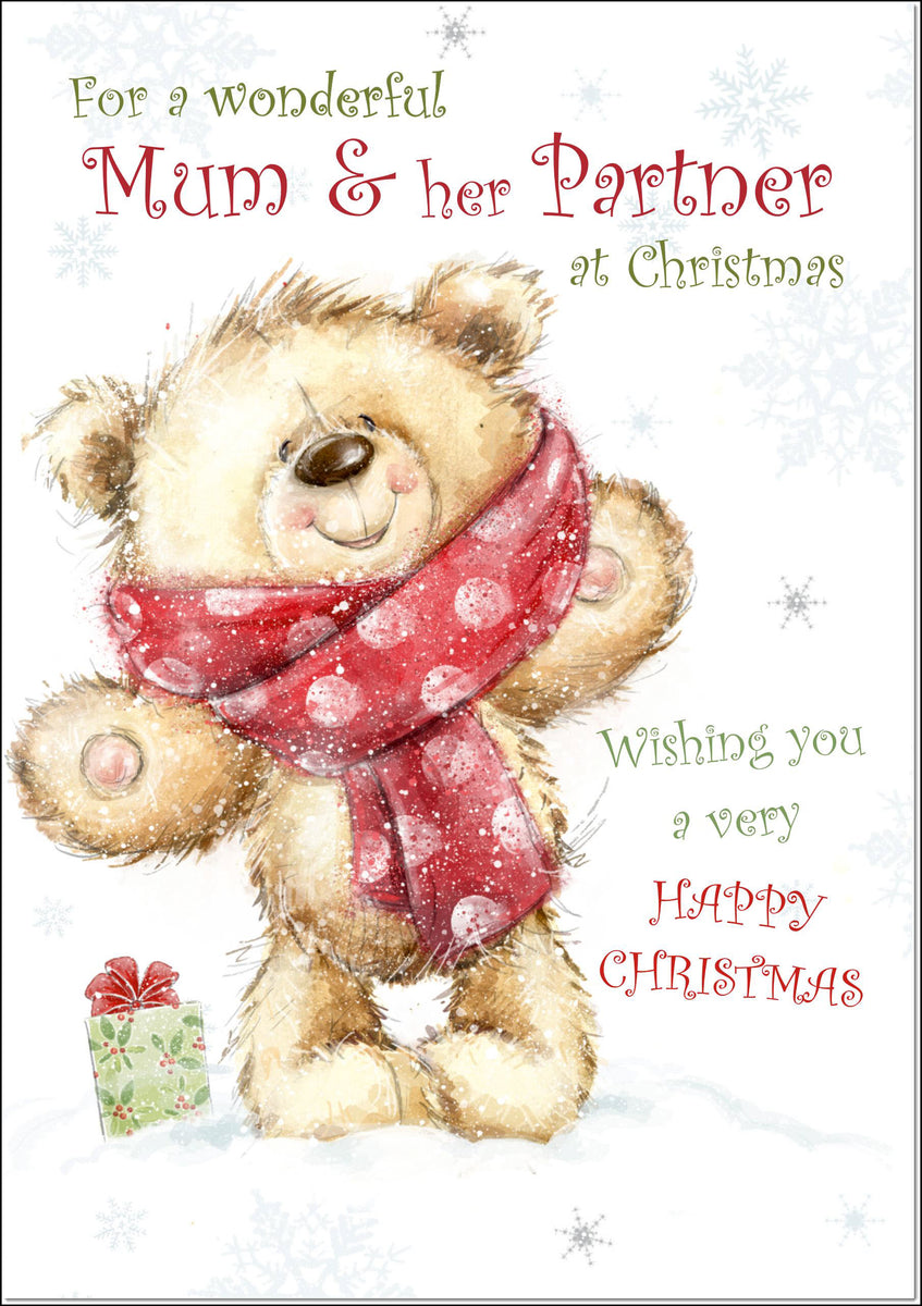 Mum & Partner Christmas Card Teddy Bear With Red Scarf – doodlecards