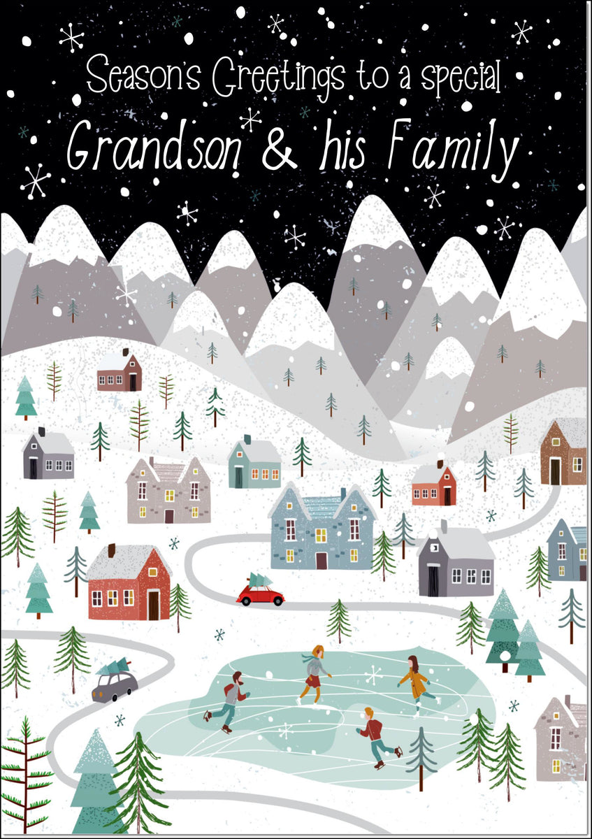 Grandson and Family Christmas Card Mountain Scene In Snowy Village ...
