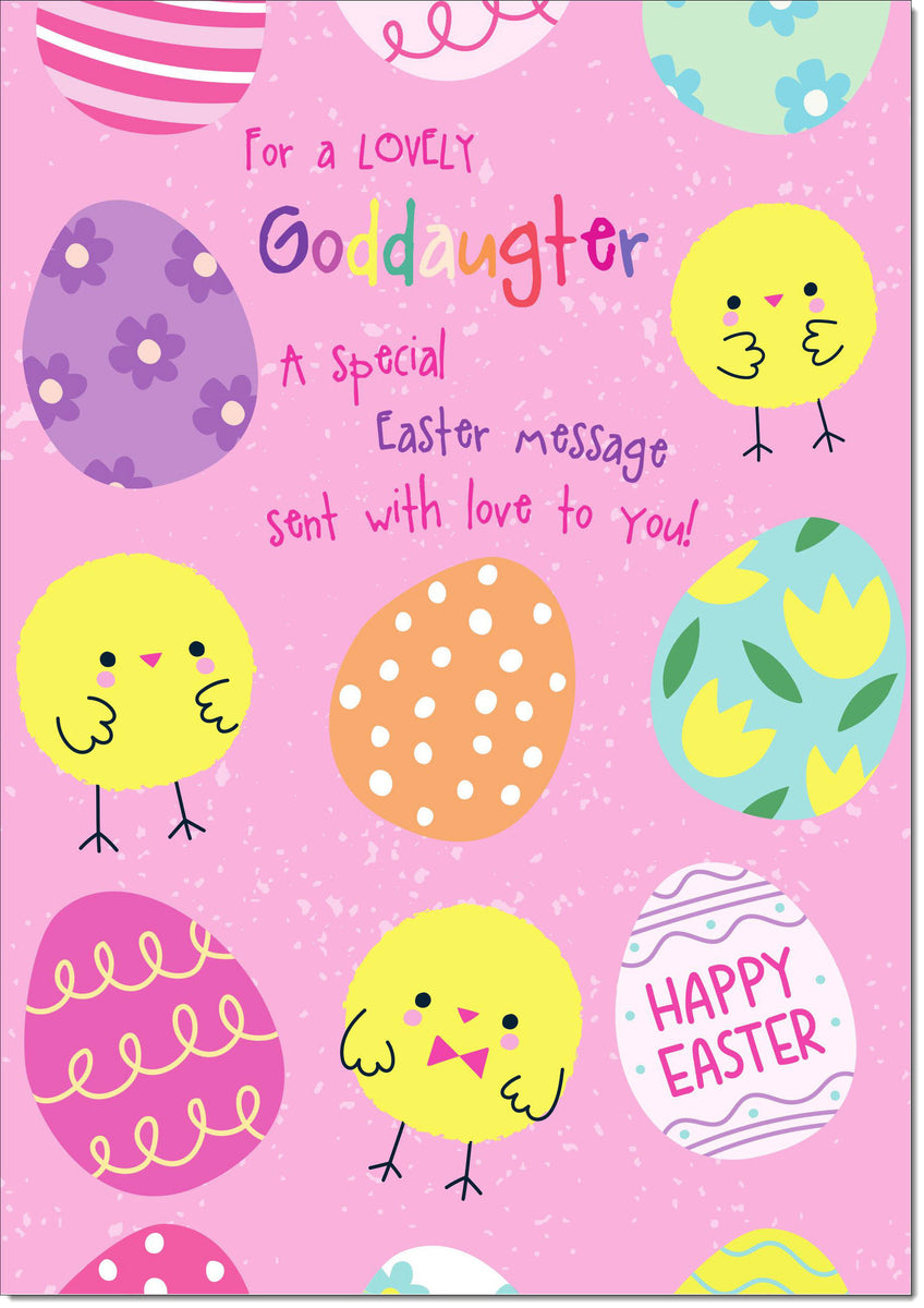 Goddaughter Easter Card Pink Egg and Chick Collage – doodlecards