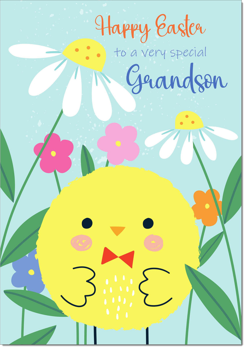 Grandson Easter Card Yellow Chick and Spring Flowers – doodlecards