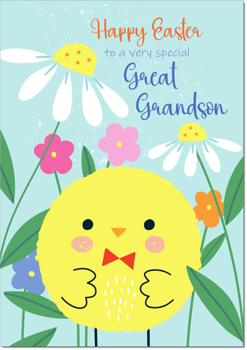 Great Grandson Easter Card Yellow Chick and Spring Flowers – doodlecards