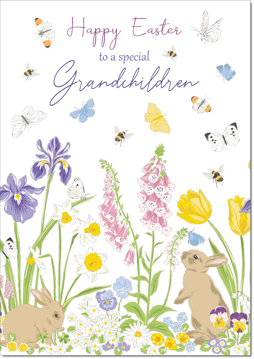 Grandchildren Easter Card Spring Flowers with Bunnies – doodlecards