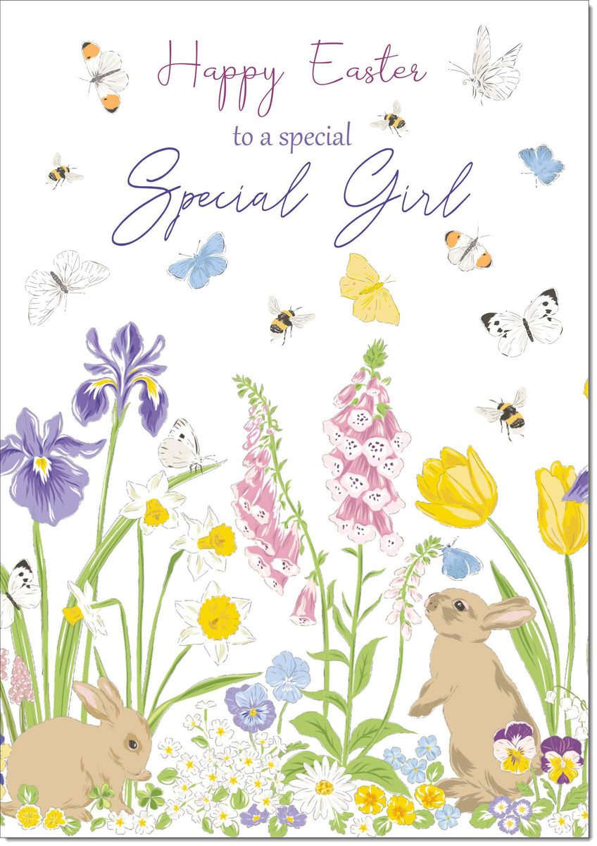 Special Girl Easter Card Spring Flowers with Bunnies – doodlecards