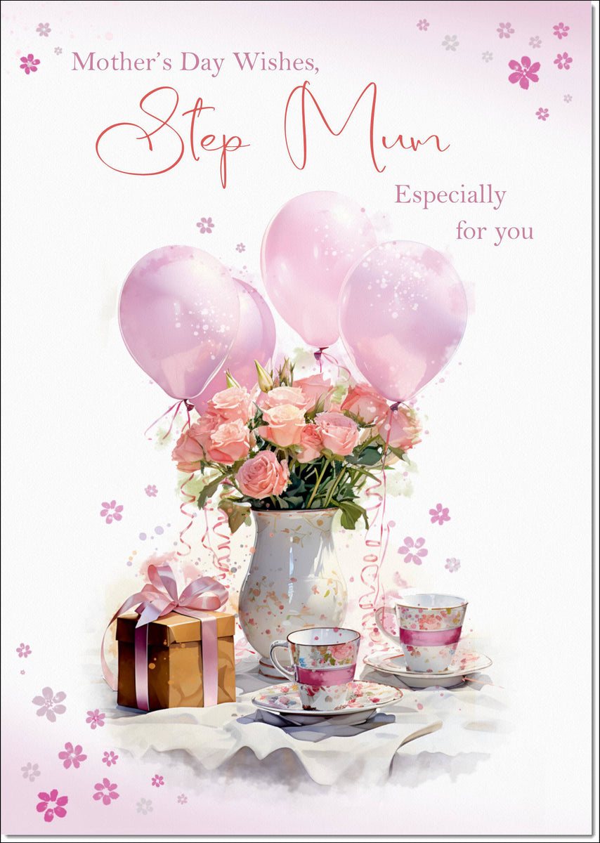 Step Mum Mothers Day Card Tea Party and Balloons – doodlecards