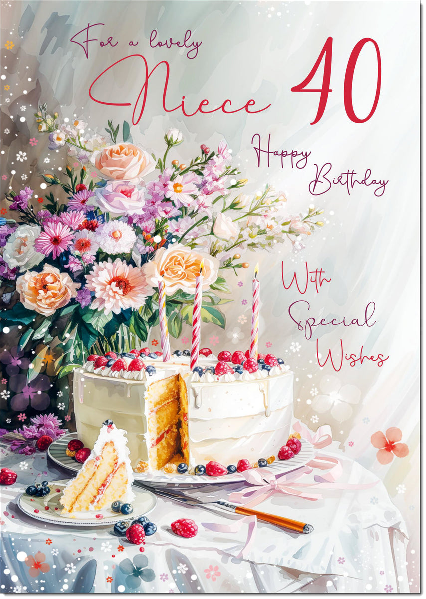 Niece 40th Birthday Card Age 40 Birthday Cake and Flowers – doodlecards