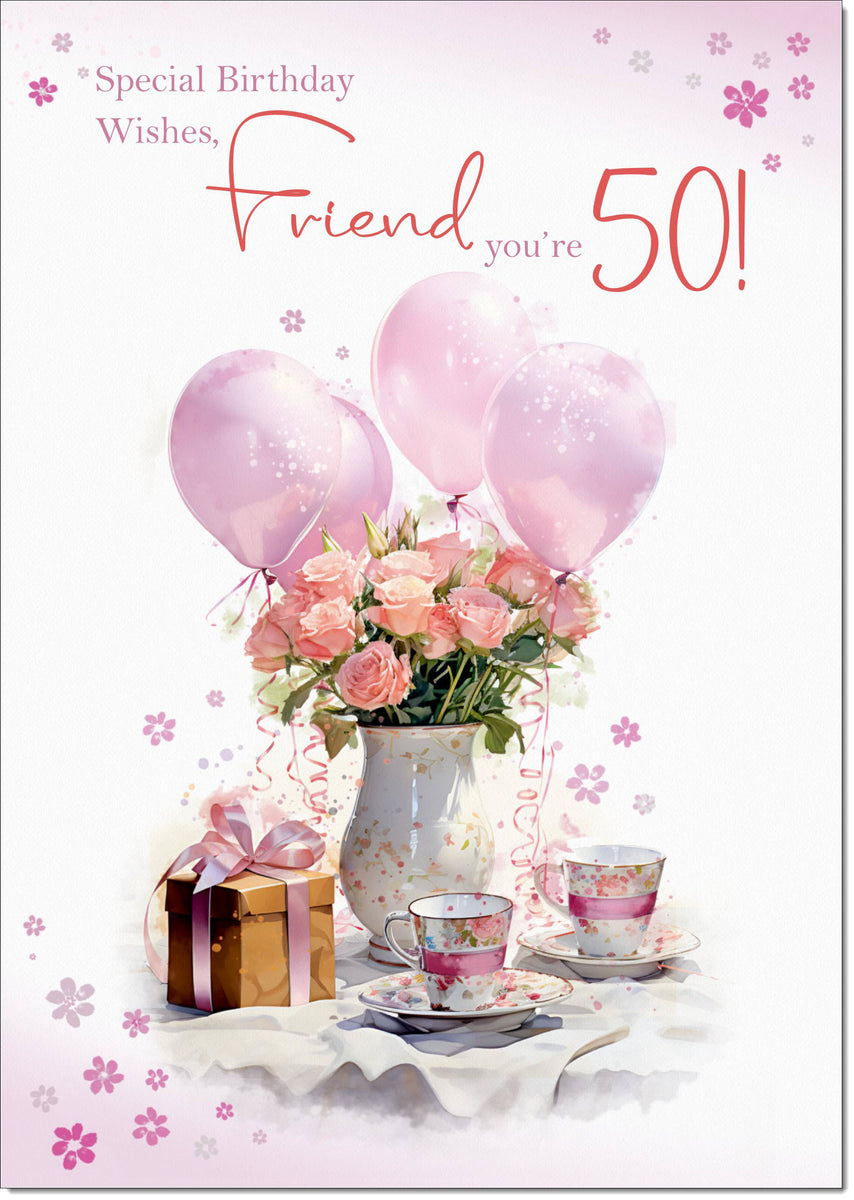 Friend 50th Birthday Card Age 50 Tea Party and Balloons – doodlecards