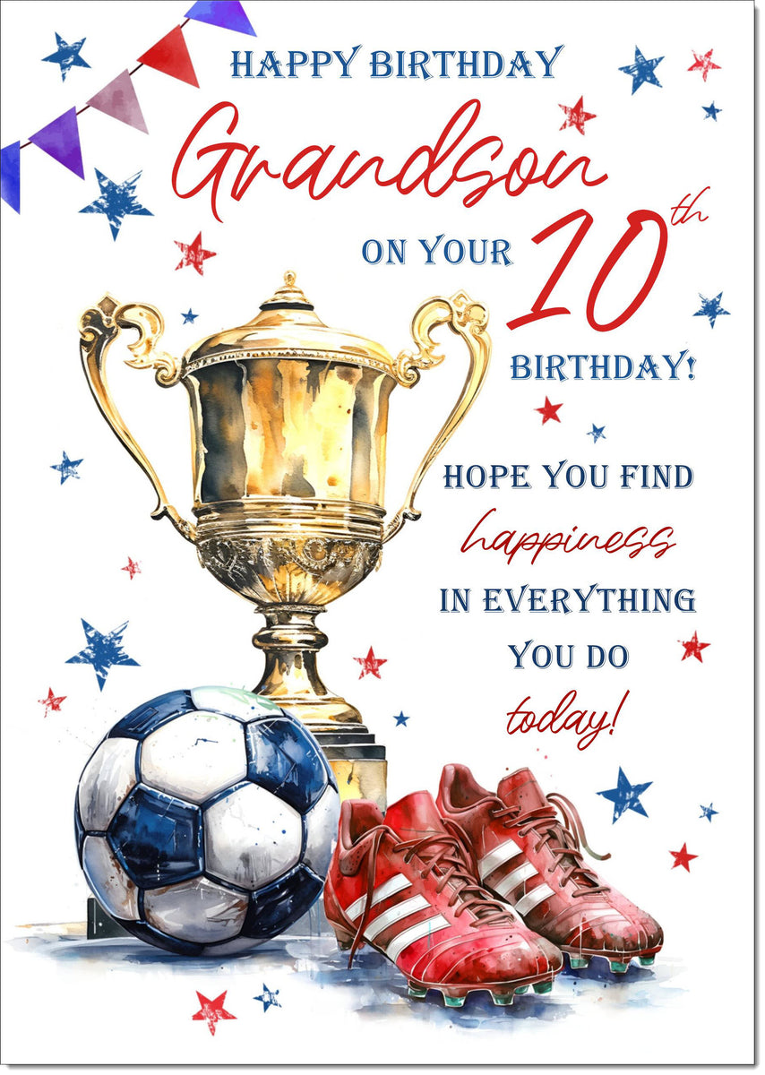 Grandson 10th Birthday Card Age 10 Footballer's Trophy – doodlecards