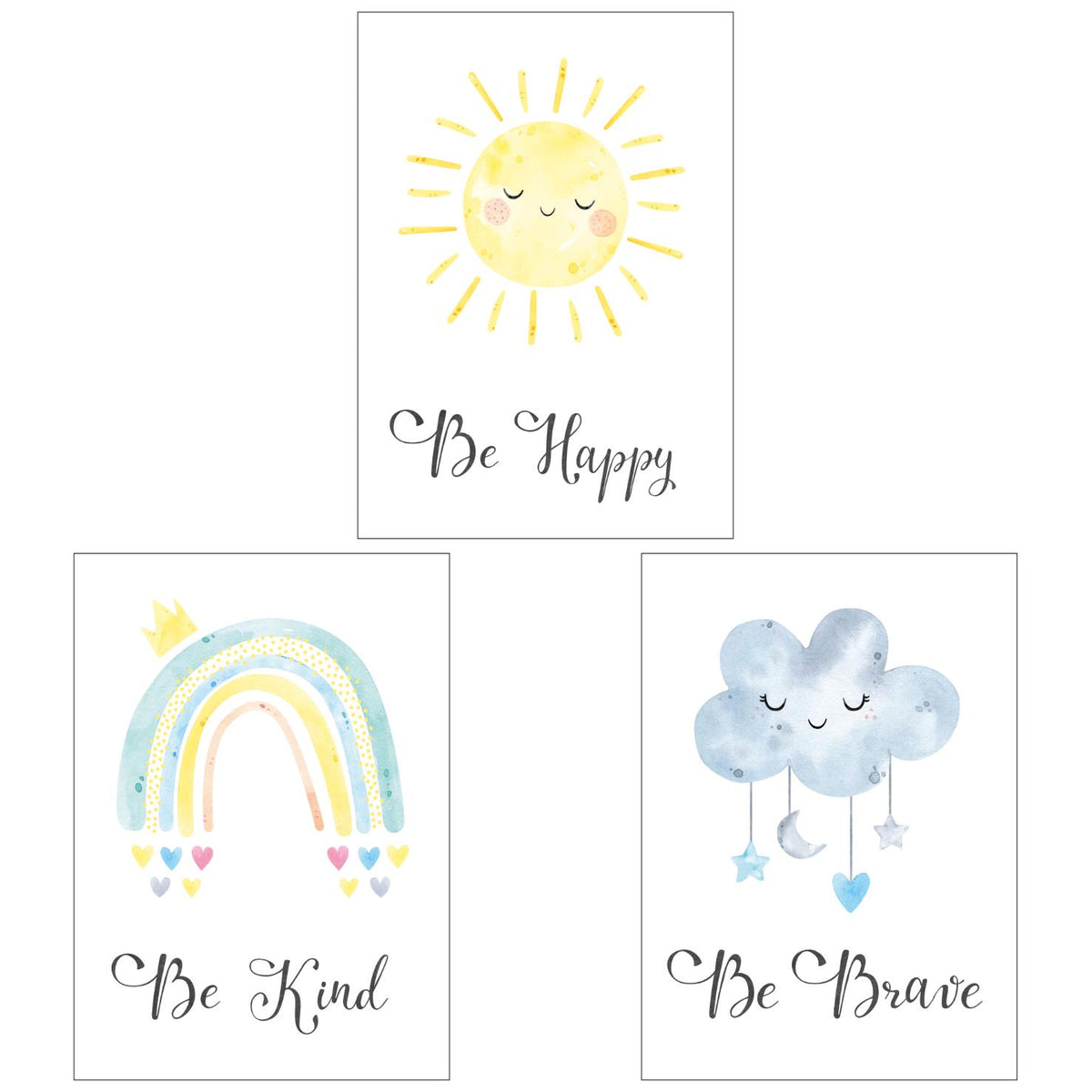 Gallery Arts Set of 3 Size Nursery Be Kind Be Happy Be Brave Rainbow W ...