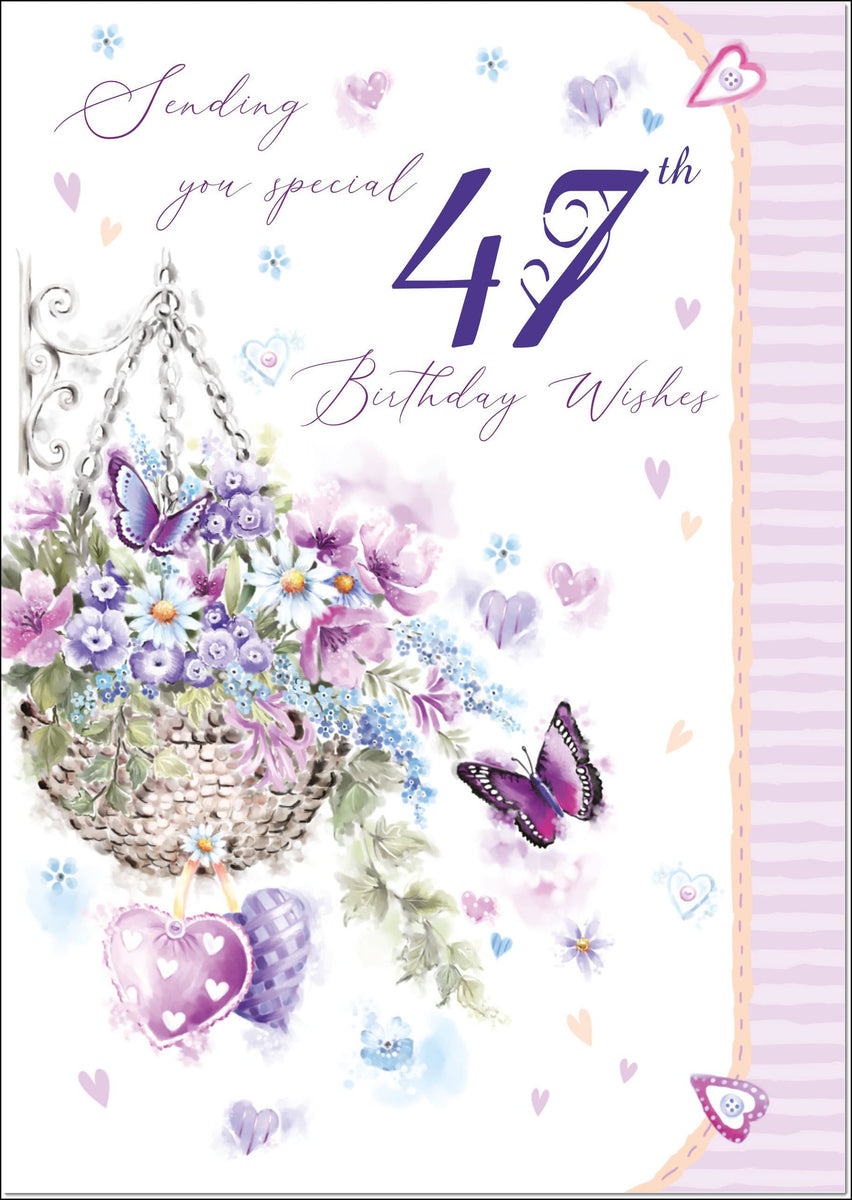 47th Birthday Card Age 47 for Her Purple Hanging Basket – doodlecards