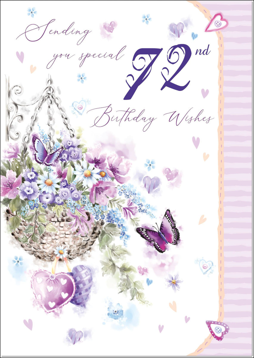 72nd Birthday Card Age 72 for Her Purple Hanging Basket – doodlecards