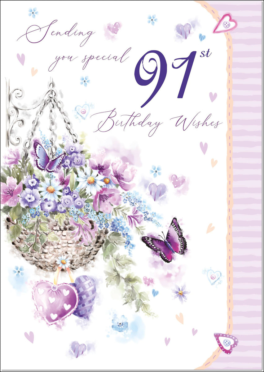 91st Birthday Card Age 91 for Her Purple Hanging Basket – doodlecards