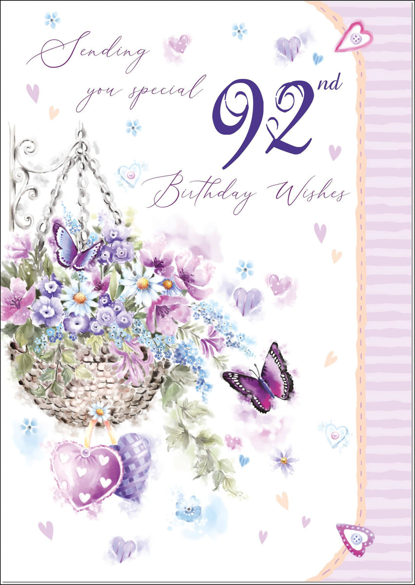 92nd Birthday Card Age 92 for Her Purple Hanging Basket – doodlecards