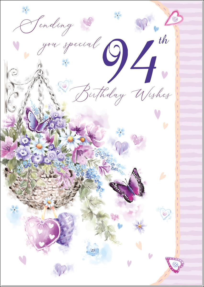 94th Birthday Card Age 94 for Her Purple Hanging Basket – doodlecards