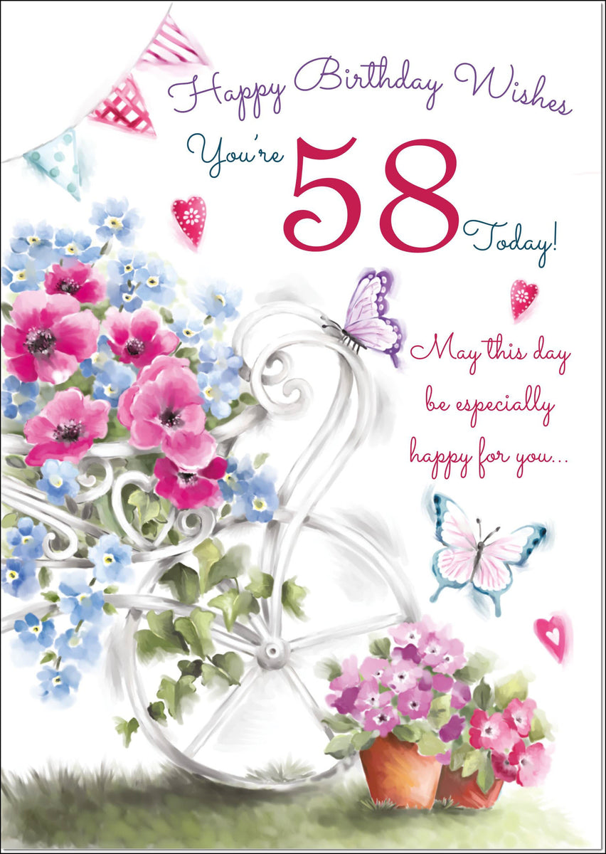 58th Birthday Card Age 58 for Her Garden Wheelbarrow Bouquet – doodlecards