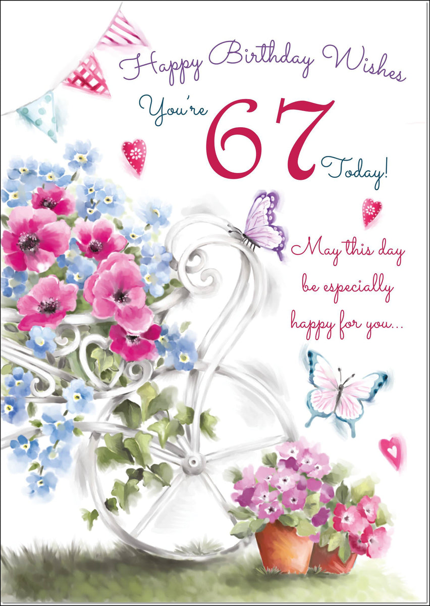 67th Birthday Card Age 67 for Her Garden Wheelbarrow Bouquet – doodlecards