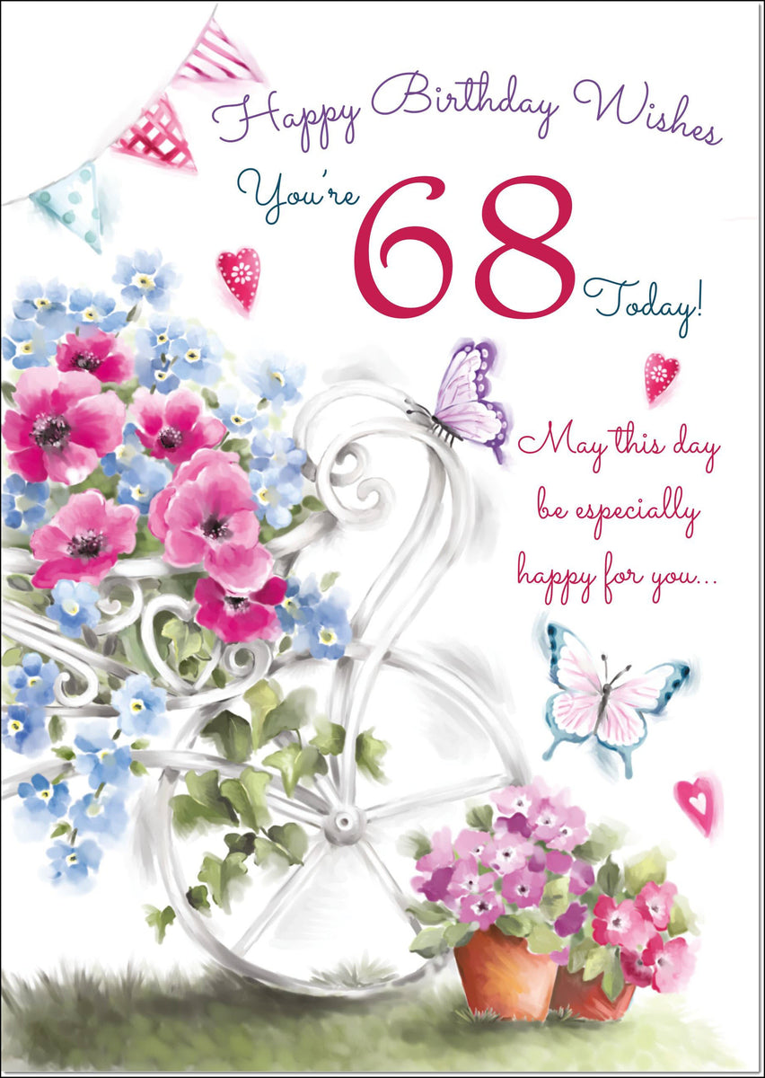 68th Birthday Card Age 68 for Her Garden Wheelbarrow Bouquet – doodlecards