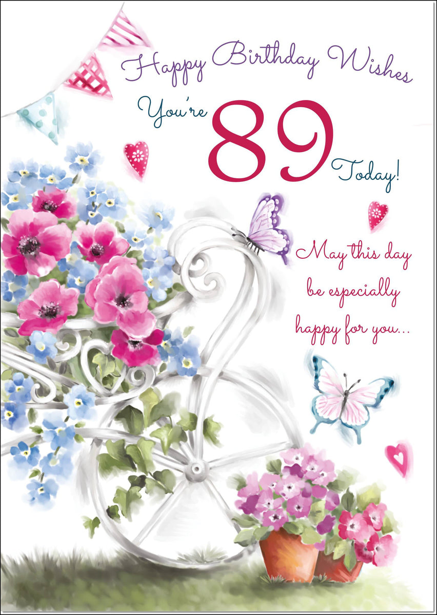 89th Birthday Card Age 89 for Her Garden Wheelbarrow Bouquet – doodlecards