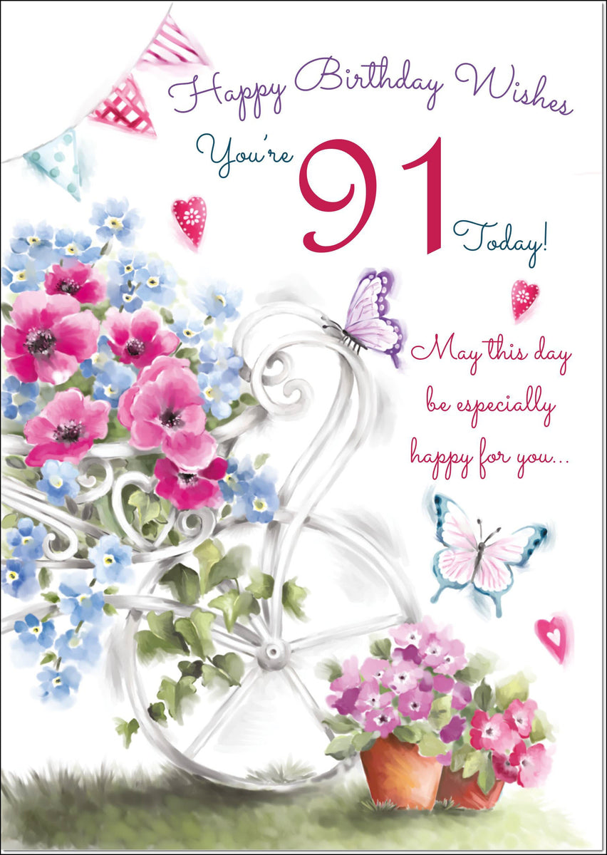 91st Birthday Card Age 91 for Her Garden Wheelbarrow Bouquet – doodlecards