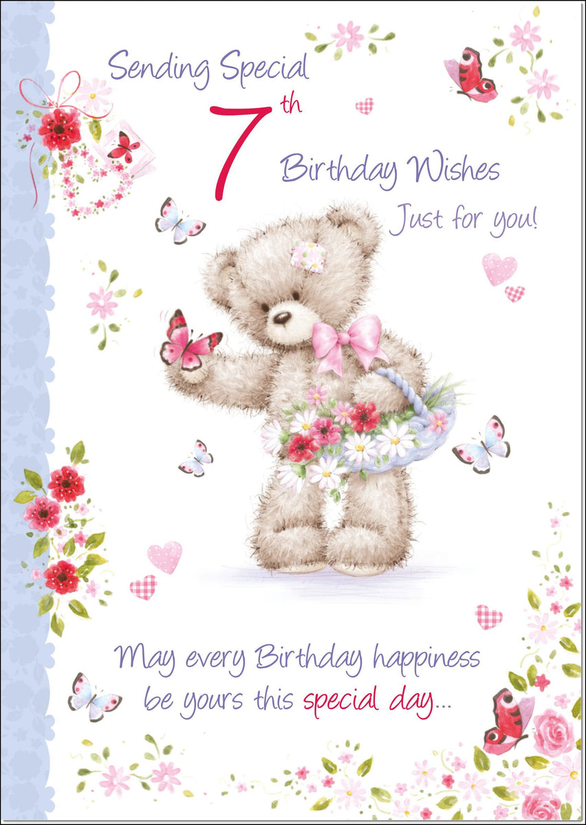 7th Birthday Card Age 7 for Girl Cute Teddy's Flowers and Butterflies ...