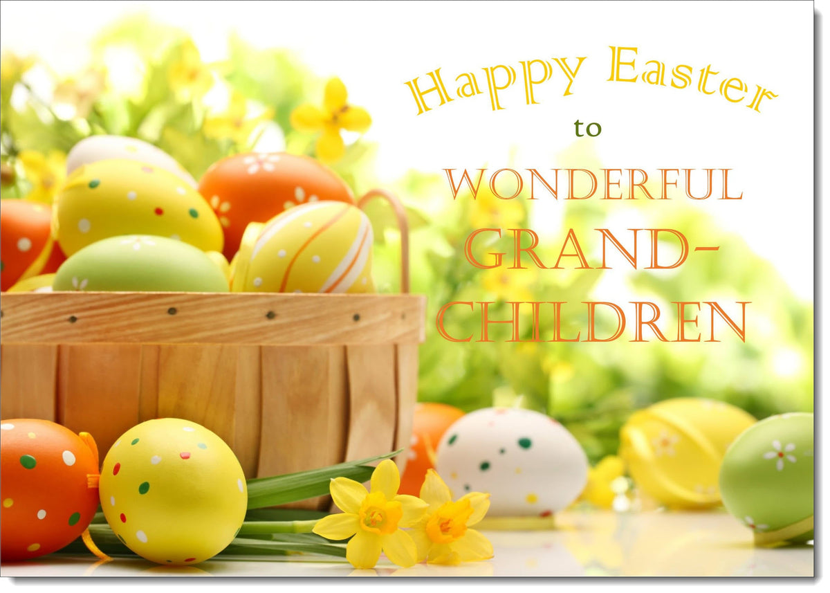 Grandchildren Easter Card Egg Basket and Daffodils – doodlecards