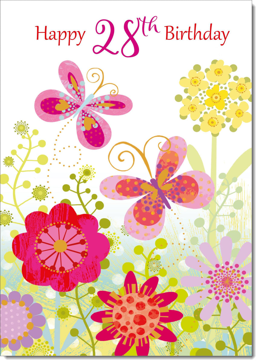 28th Birthday Card Age 28 for Her Flowers and Butterflies – doodlecards