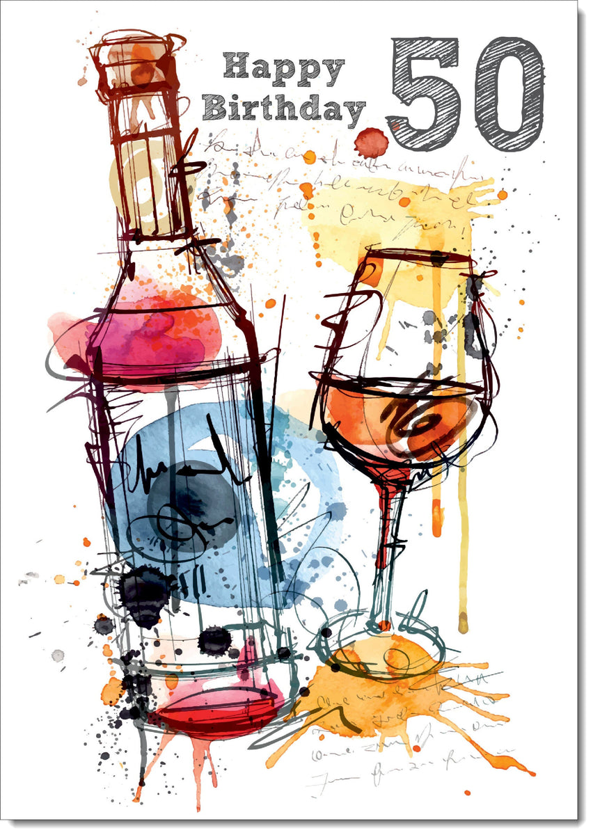 50th Birthday Card Age 50 for Him Wine Bottle Abstract Watercolour ...