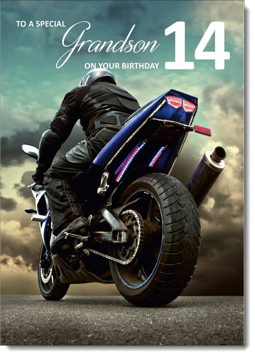 Grandson 14th Birthday Card Age 14 Motorbike – doodlecards