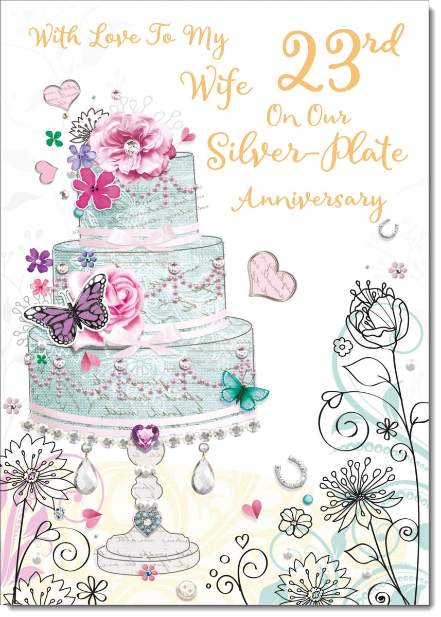 Wife Silver Plate 23rd Wedding Anniversary Card Wedding Cake – doodlecards