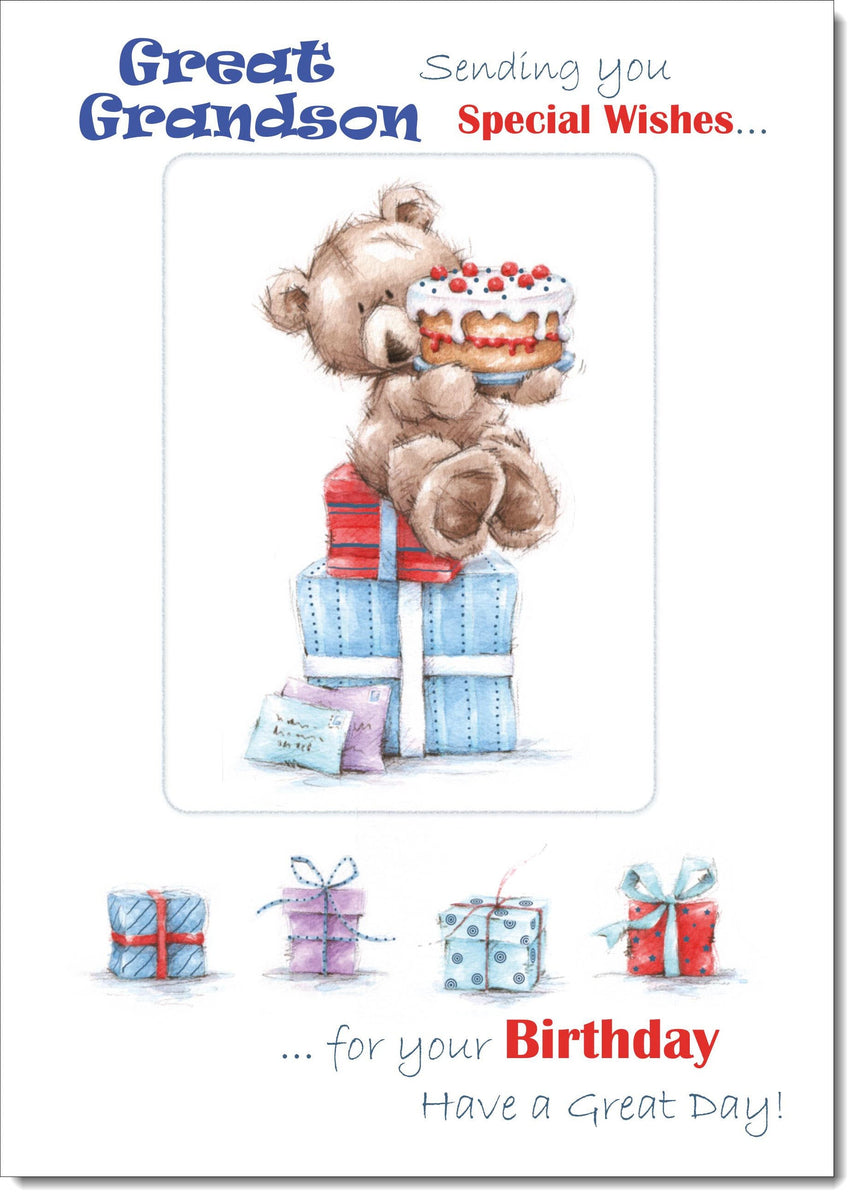 Great Grandson Birthday Card Cute Bear with Cake – doodlecards