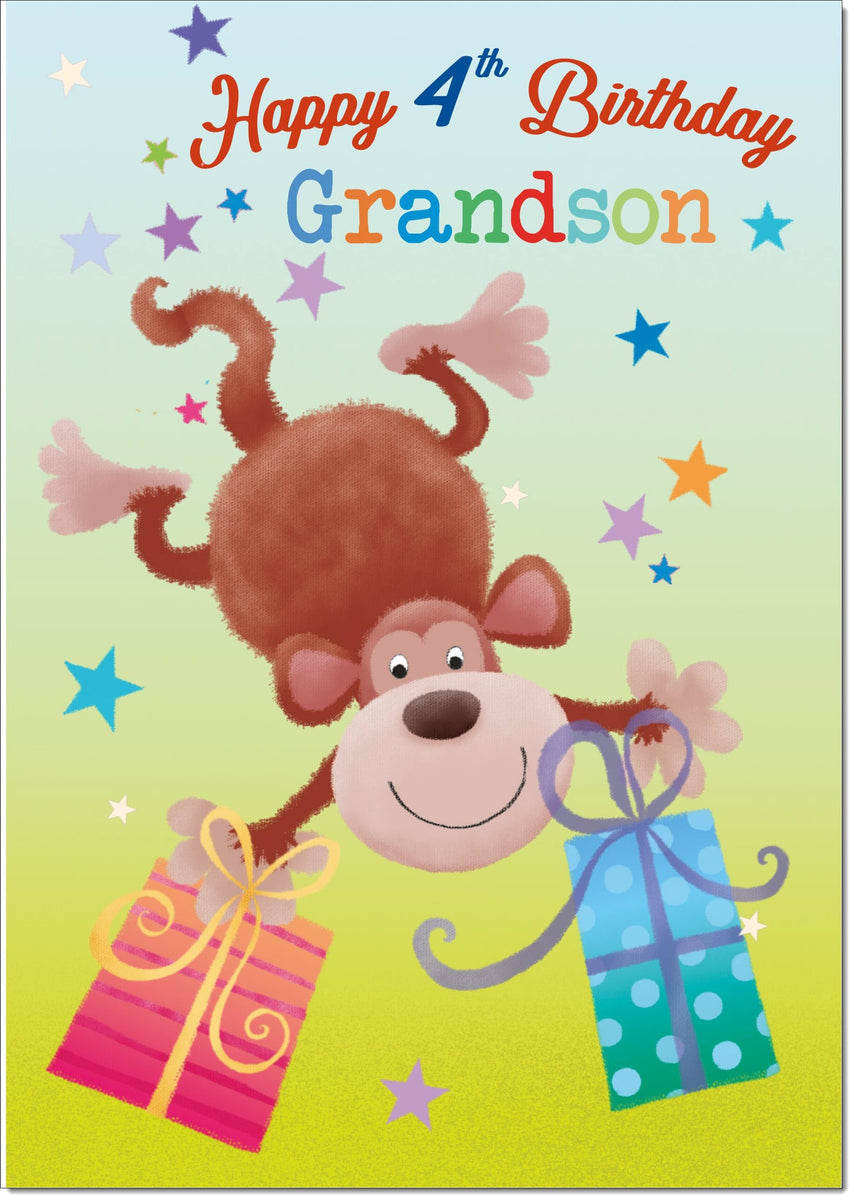 Grandson 4th Birthday Card Age 4 Monkey – doodlecards